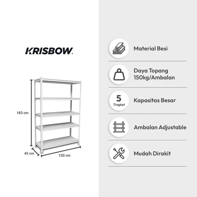 Jual Krisbow Rak Besi 5 Tingkat 120 X 45 X 183 Cm Putih Terbaru | Ruparupa